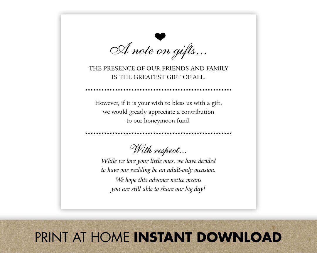 Honeymoon Fund Card | No Kids Wedding Invitation Insert (printable ...