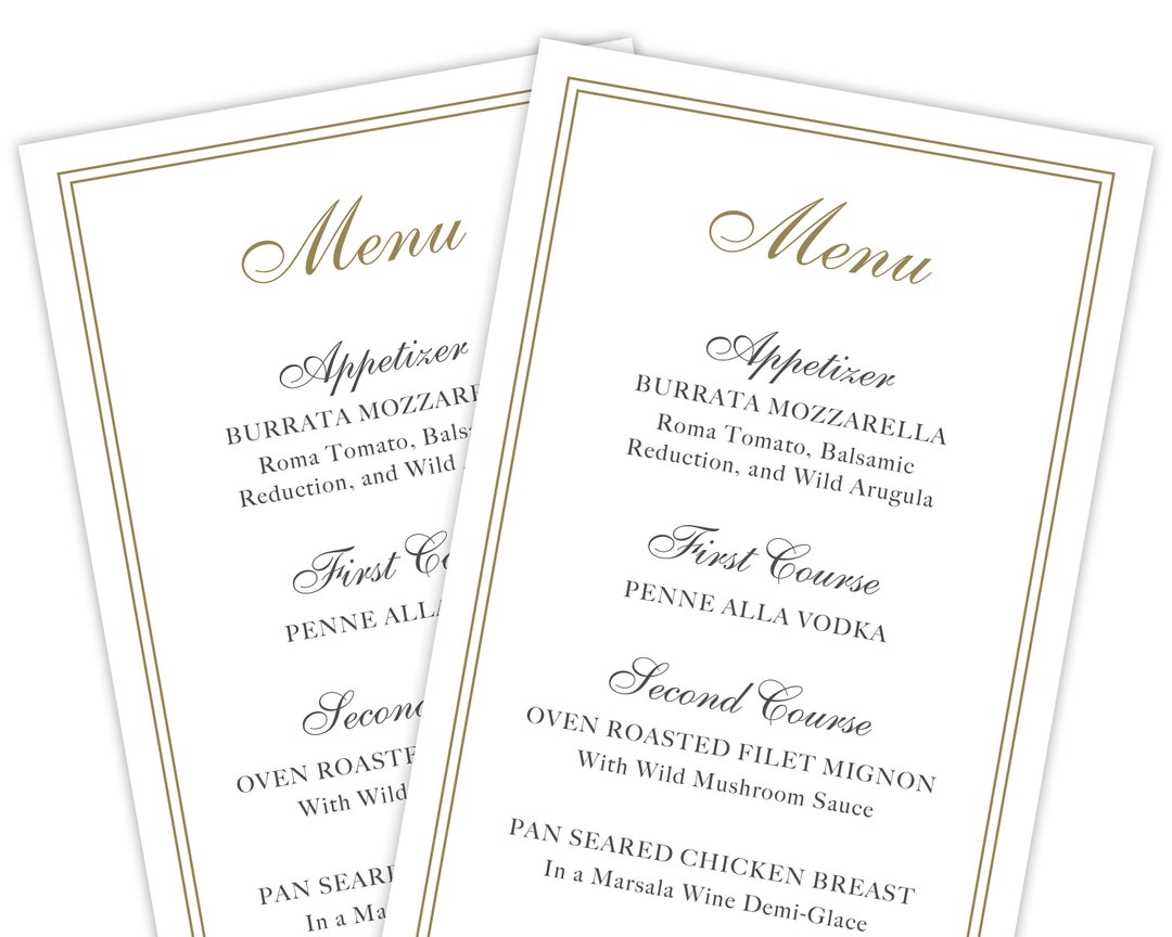 Printed Wedding Menu Cards, Classic Dinner Menus, Formal Wedding ...