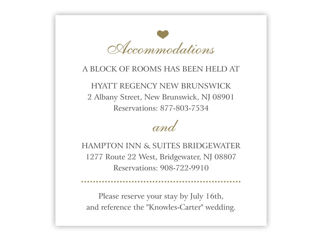 Accommodations Card for Wedding Invitation or Save the Date W/ Hotel Room Block Details / Room ...