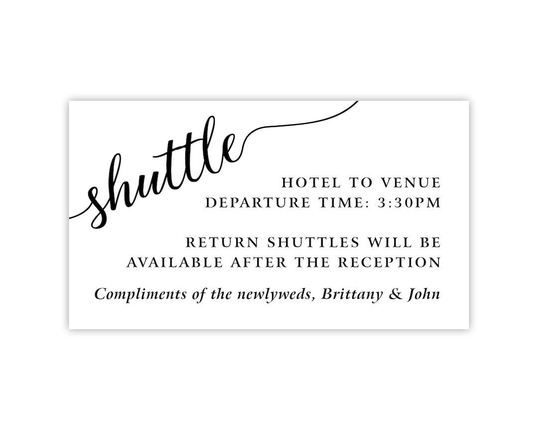 Printed Wedding Shuttle Card, Hotel to Wedding to Reception to Hotel ...