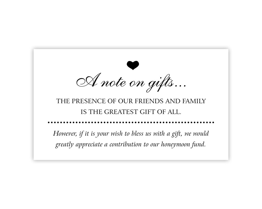 A Note on Gifts Card W/ Request for Honeymoon Fund Cash / Money for ...