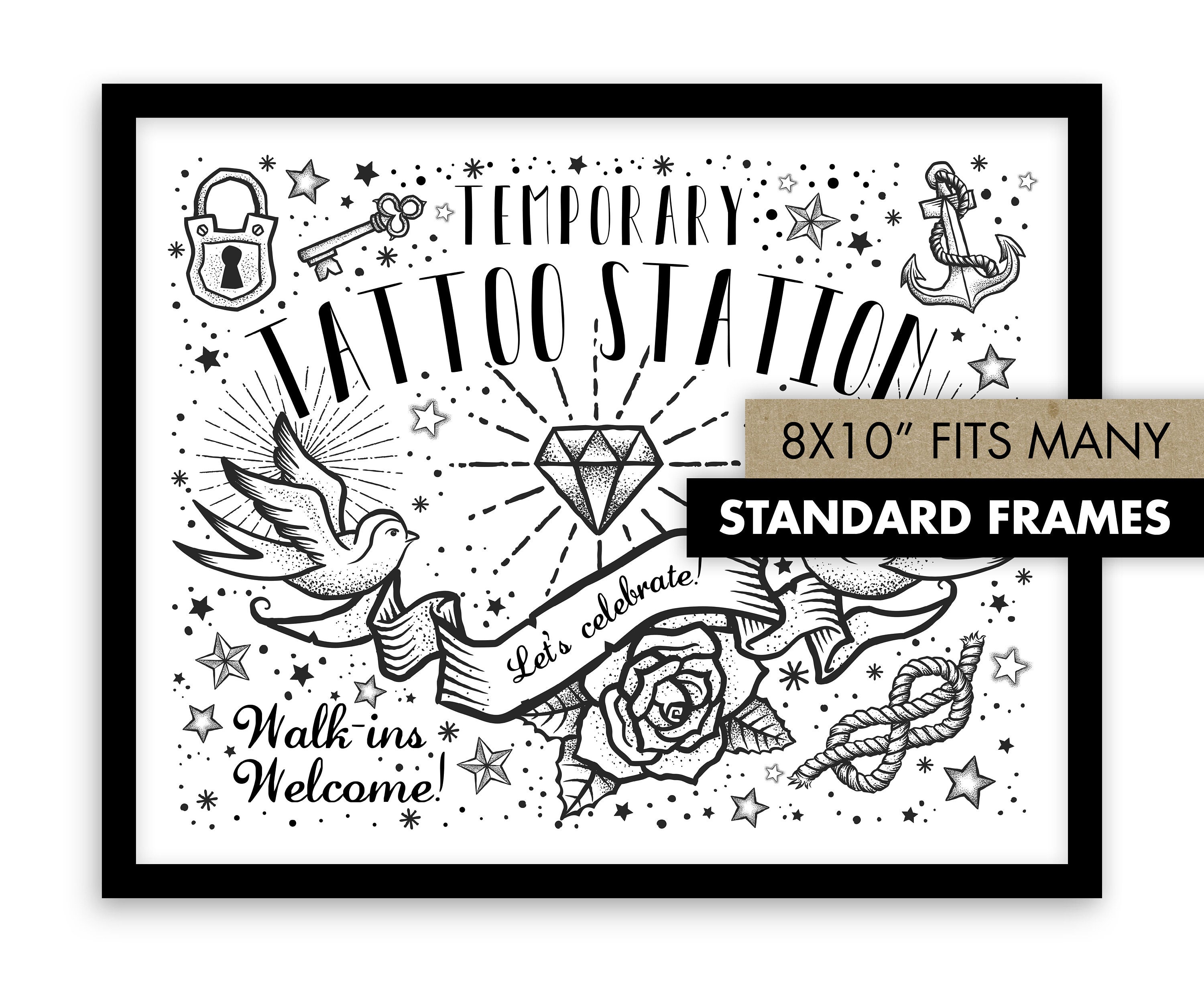 Temporary Tattoo Station Sign | Old School Flash Tattoo Sign for ...