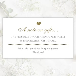 No Gifts Please, A Note on Gifts Card, Printed Invitation Insert ...