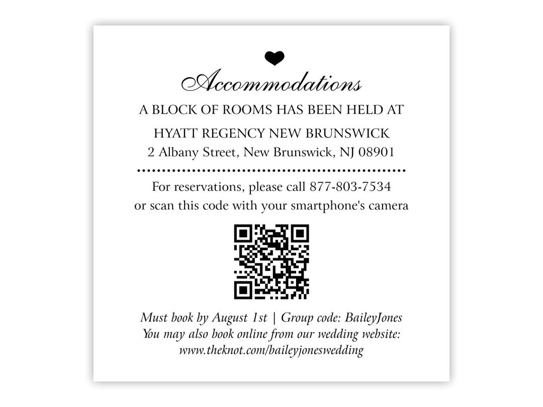 Hotel Accommodations Card With QR Code for Wedding Invitation or Save the Date W/ Hotel Room ...