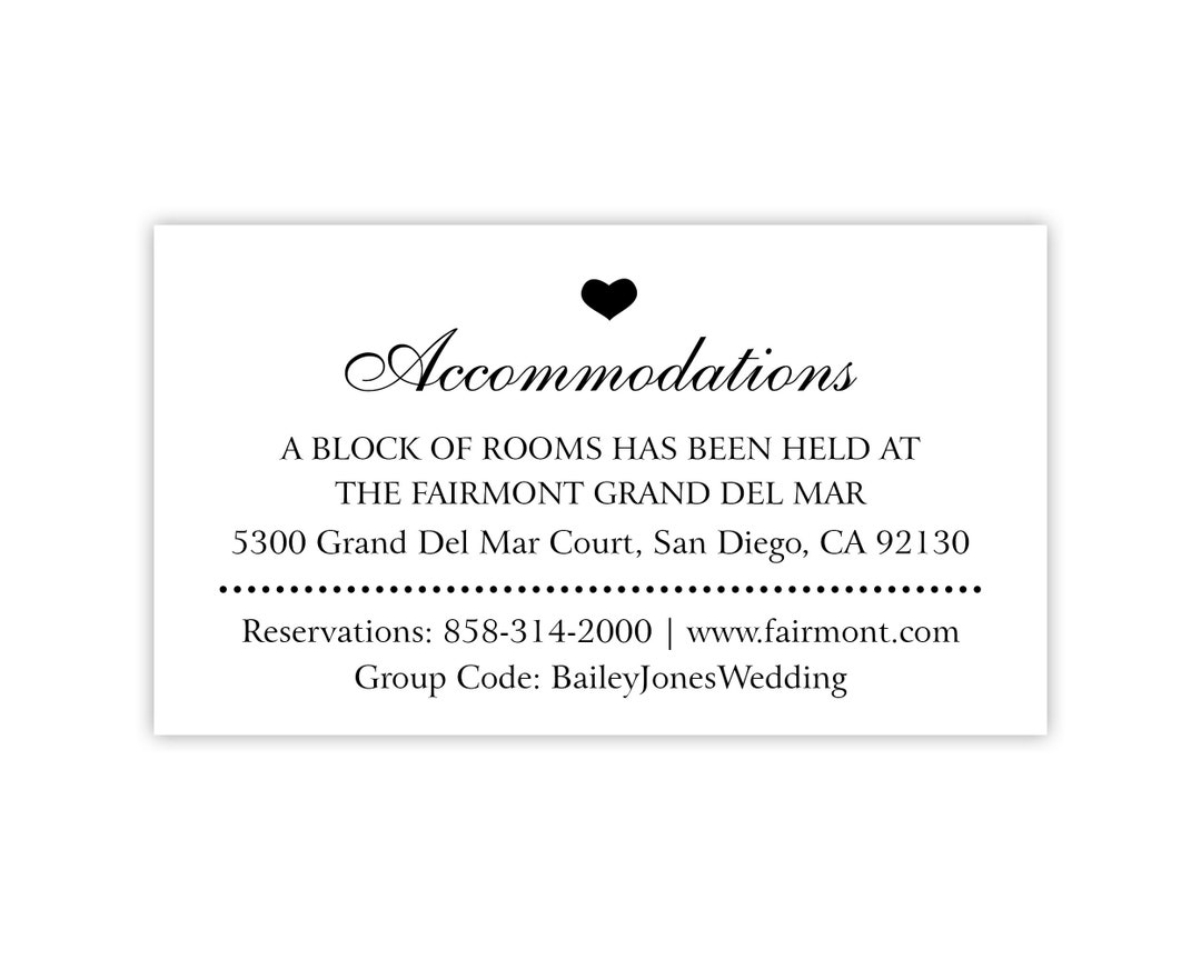 Hotel Accommodations Card for Destination Wedding W/ Room Block ...