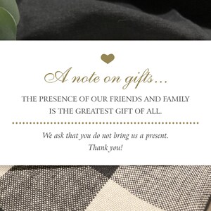 No Gifts Please, A Note on Gifts Card, Printed Invitation Insert ...
