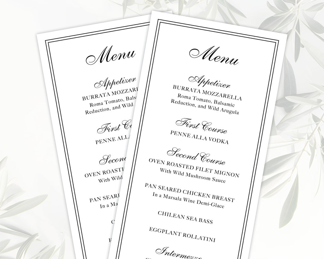 Wedding Menus Printed Formal Dinner Menus, Custom Wedding Reception ...
