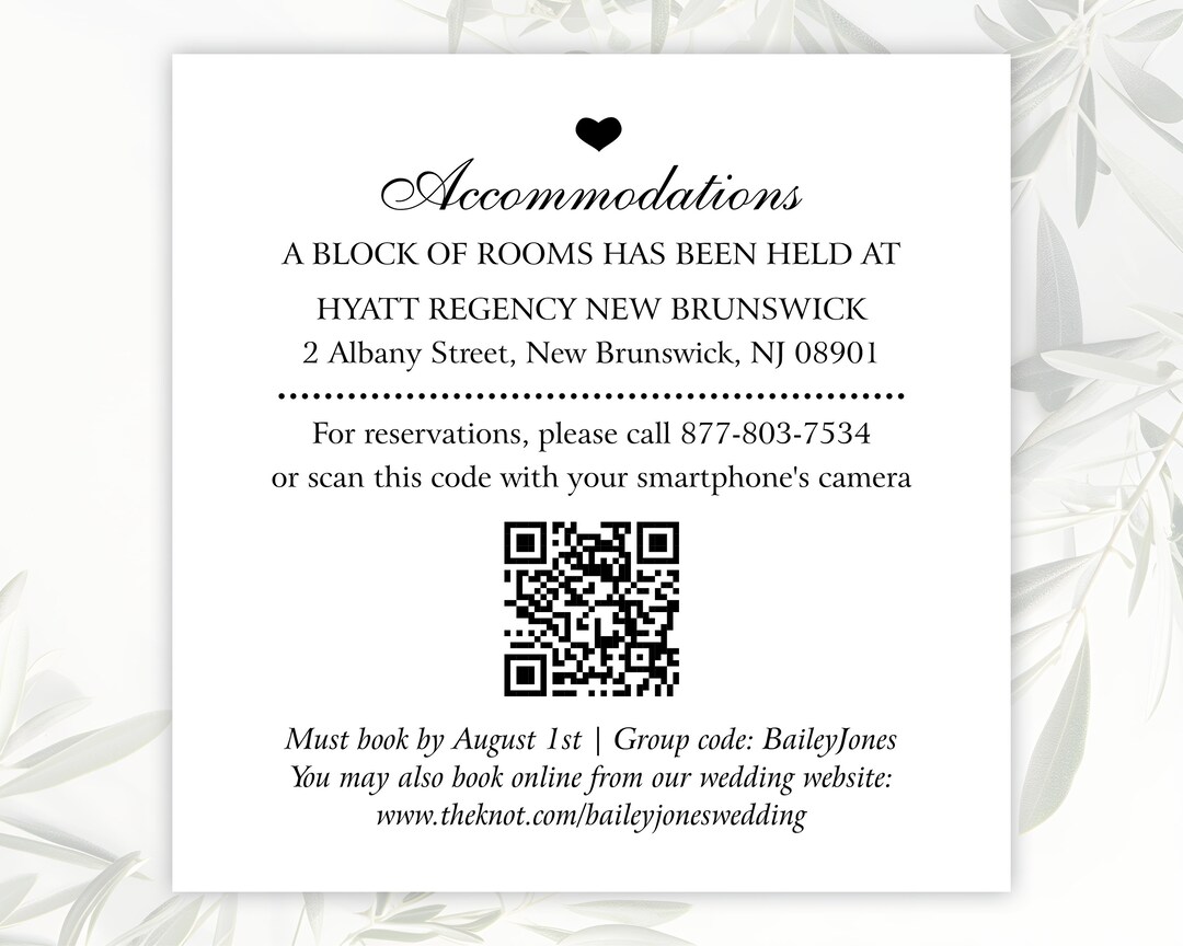 Hotel Accommodations Card With QR Code for Wedding Invitation or Save ...