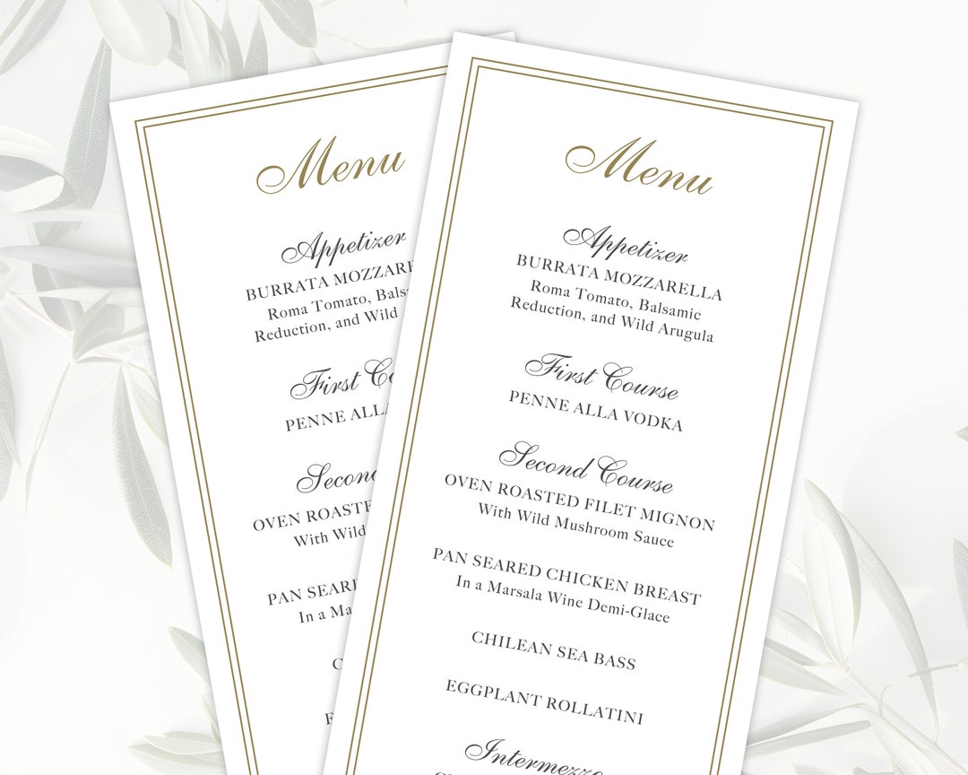 Printed Wedding Menu Cards, Classic Dinner Menus, Formal Wedding ...