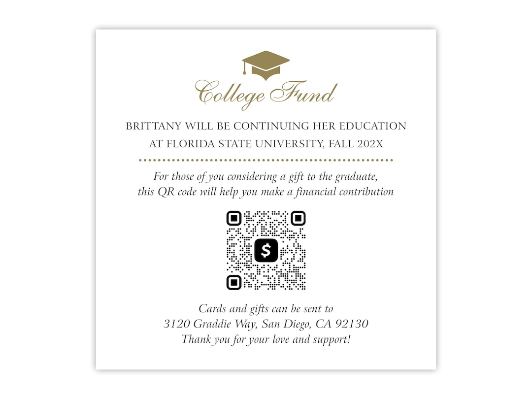 College Fund QR Code Card | Graduation Announcement Insert | High ...