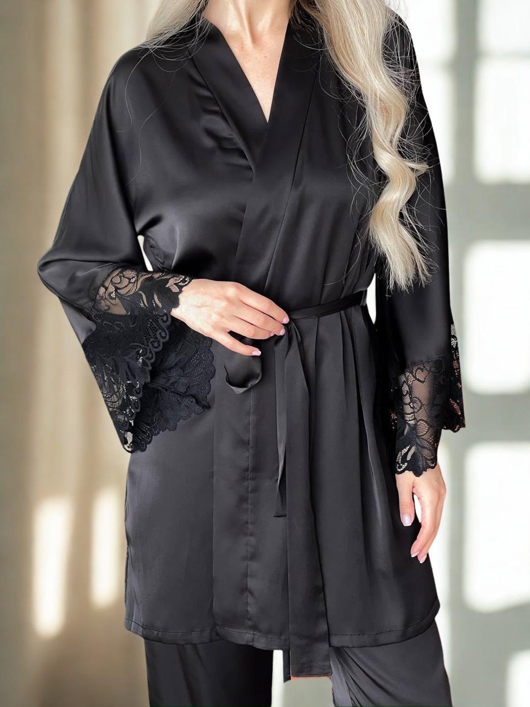 Black Satin Lounge Set | Lace Robe & Pants Elegant Sleepwear - Etsy