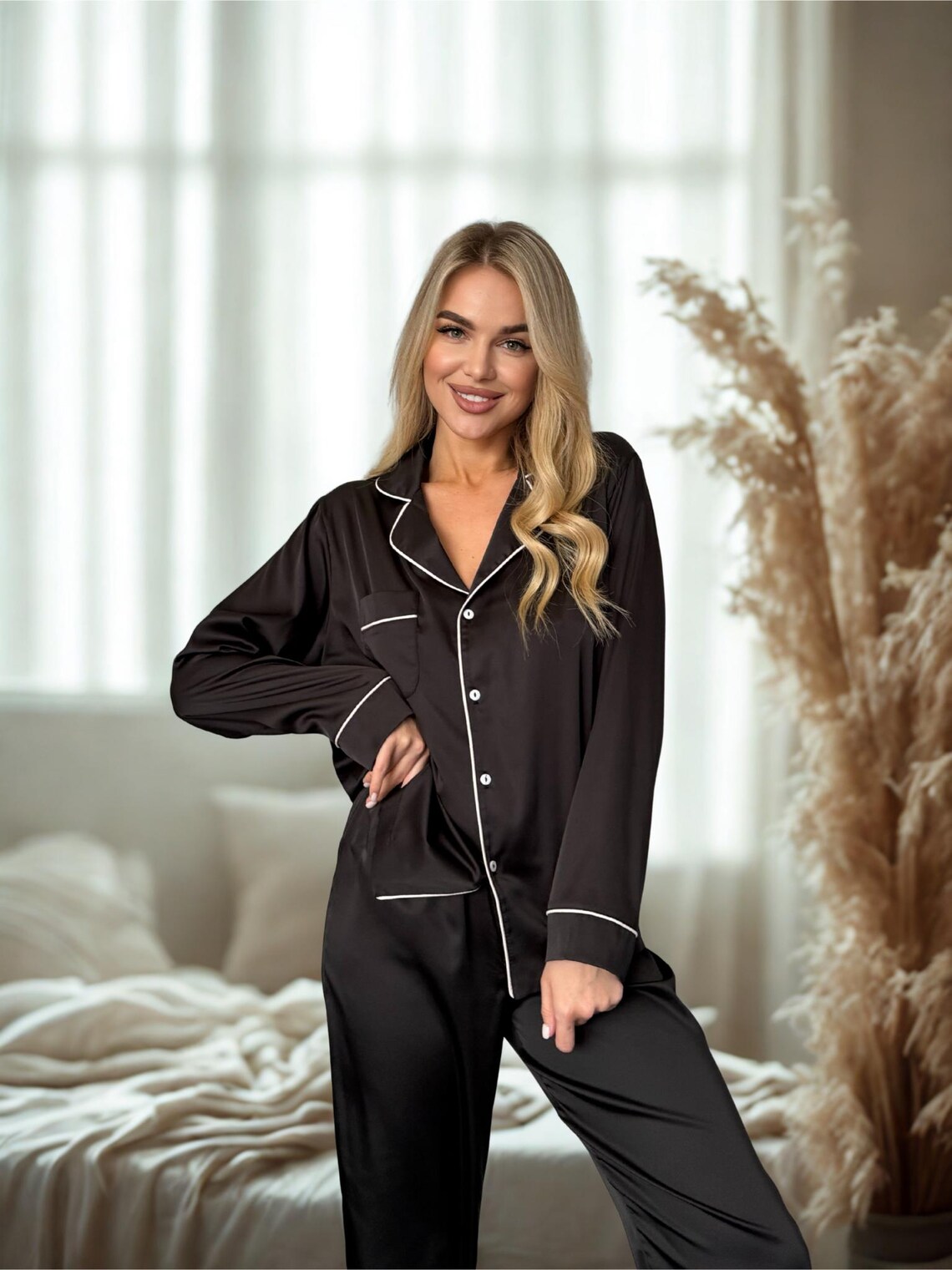 Black Silk Bridal Pajama Set | Satin Long Sleeve Sleepwear - Etsy