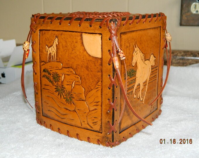 Hand Tooled Leather Kleenex Tissue Box Cover Wild Horses Stallions ...