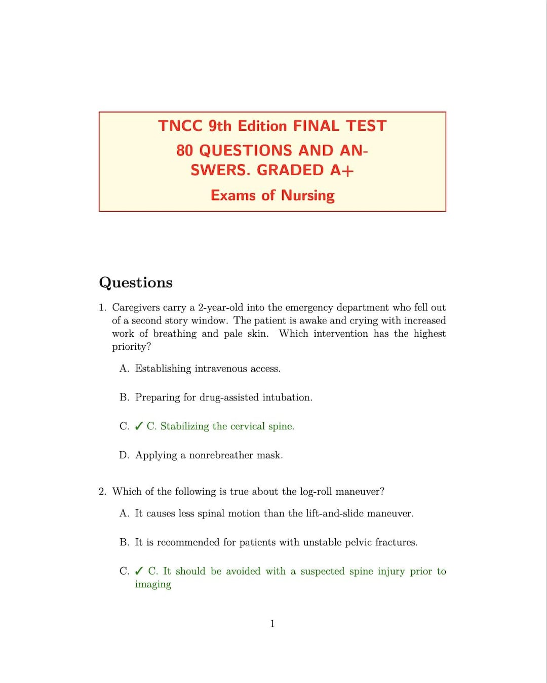 TNCC 9th Edition Final Exam - 80 Questions With Correct and Verified ...