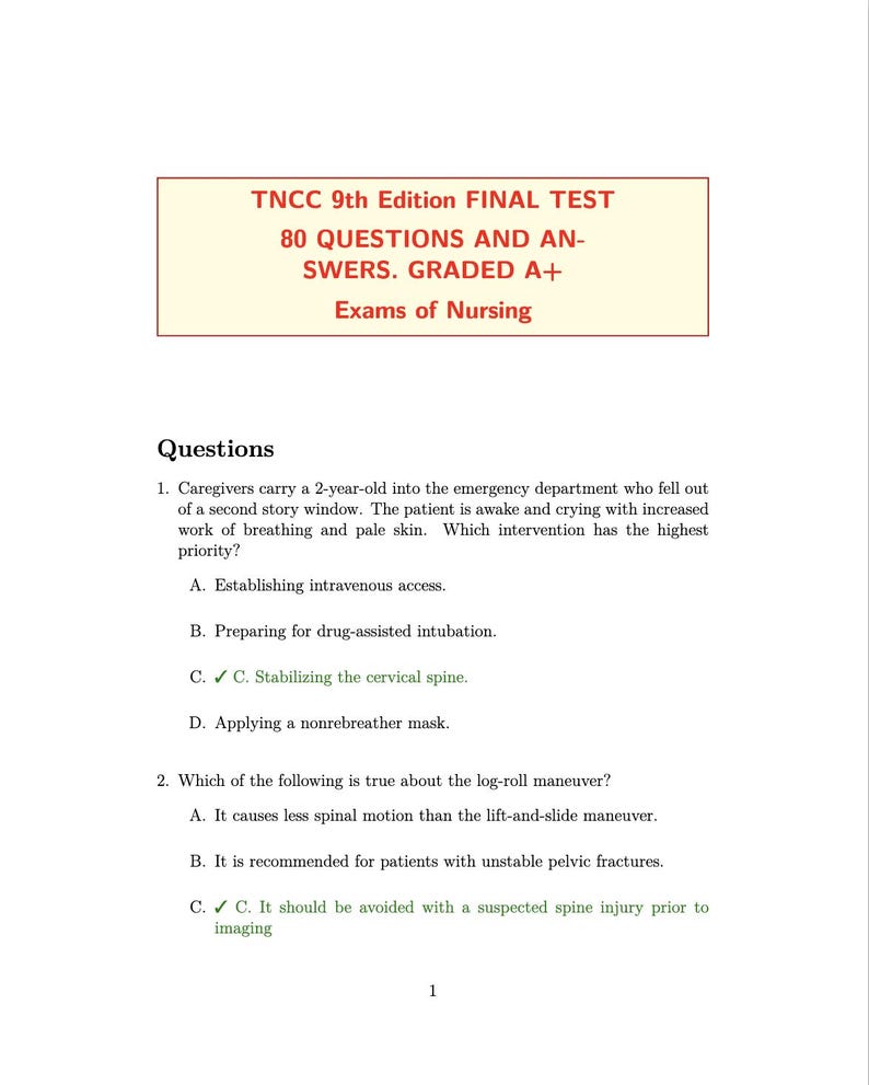 TNCC 9th Edition Final Exam - 80 Questions With Correct and Verified ...