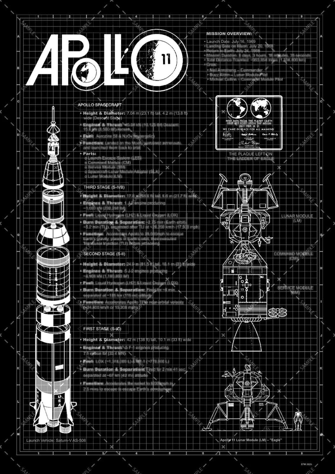 Apollo 11 Blueprint: Laser Engraved Spacecraft Art on Black Aluminum - Etsy