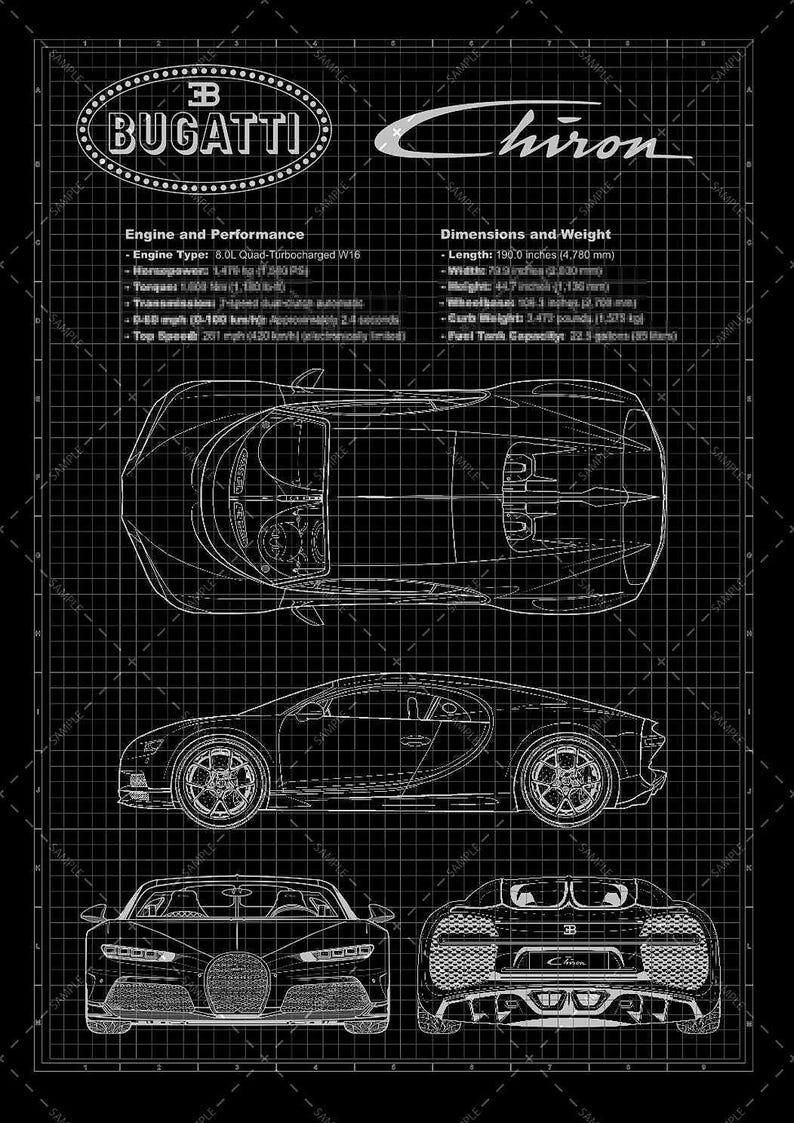 Bugatti Chiron Blueprint Art: Laser Engraved Aluminum - Technical Car ...
