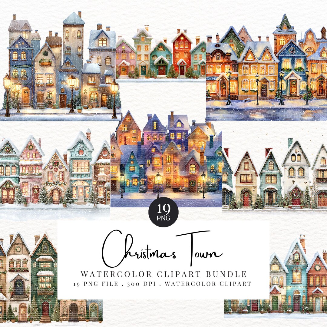 Watercolor Christmas Houses Clipart Bundle – 19 PNG Winter Village ...