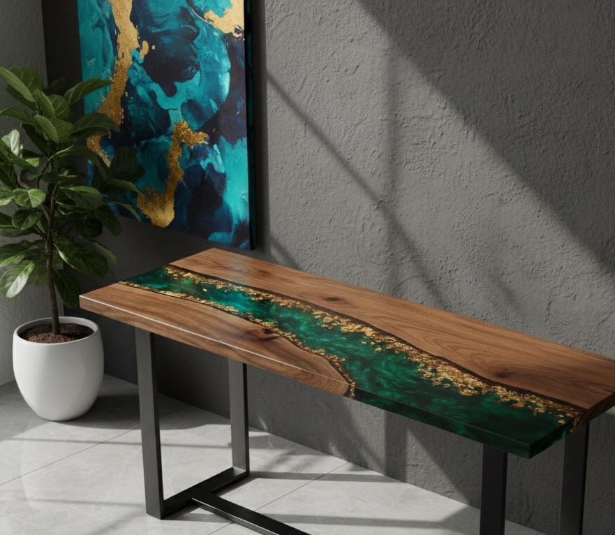 Live Edge Wood Emerald Green Epoxy River Console Table – Handmade Resin ...