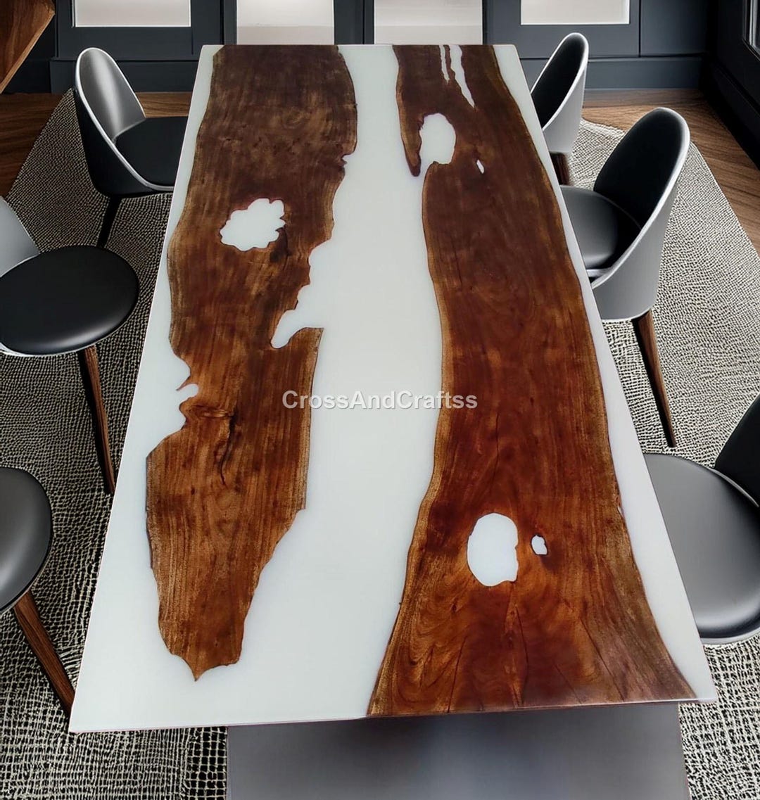Handmade White Epoxy River Dining Table | Live Edge Wood Resin Table ...