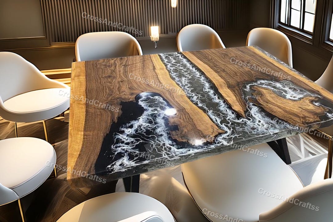 Live Edge Epoxy River Table With Black & White Resin Waves | Black ...