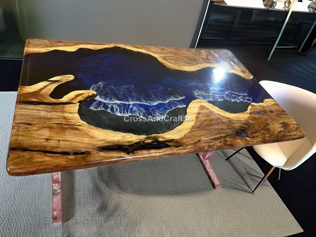 Handmade Ocean Wave Epoxy Resin Tabletop – Live Edge Wood Dining Table ...