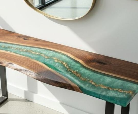 Emerald Epoxy River Console Table | Live Edge Walnut Entryway Table ...