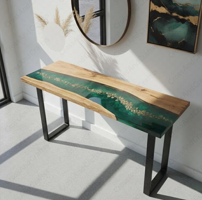Live Edge Wood & Emerald Green Epoxy River Console Table • Modern ...