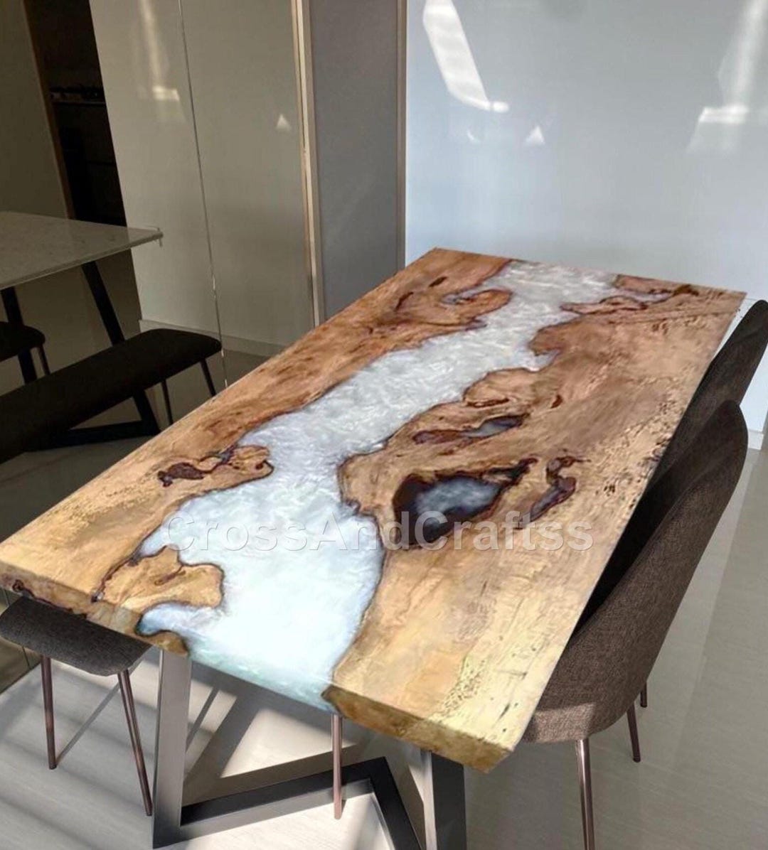 Handmade White Epoxy Resin River Table Top: Live Edge Wood Dining Table ...