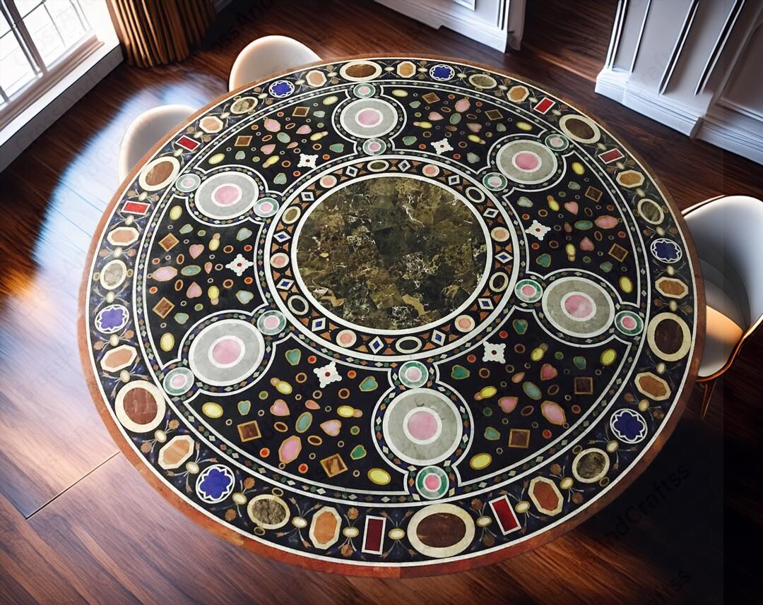Round Black Marble Inlay Table Top – Multi-gemstone Pietra Dura Art ...
