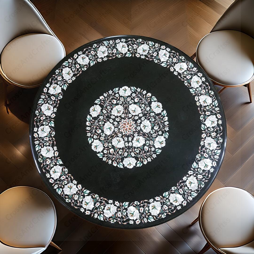 Black Marble Inlay Table Top – Round Pietra Dura Floral Dining Table ...