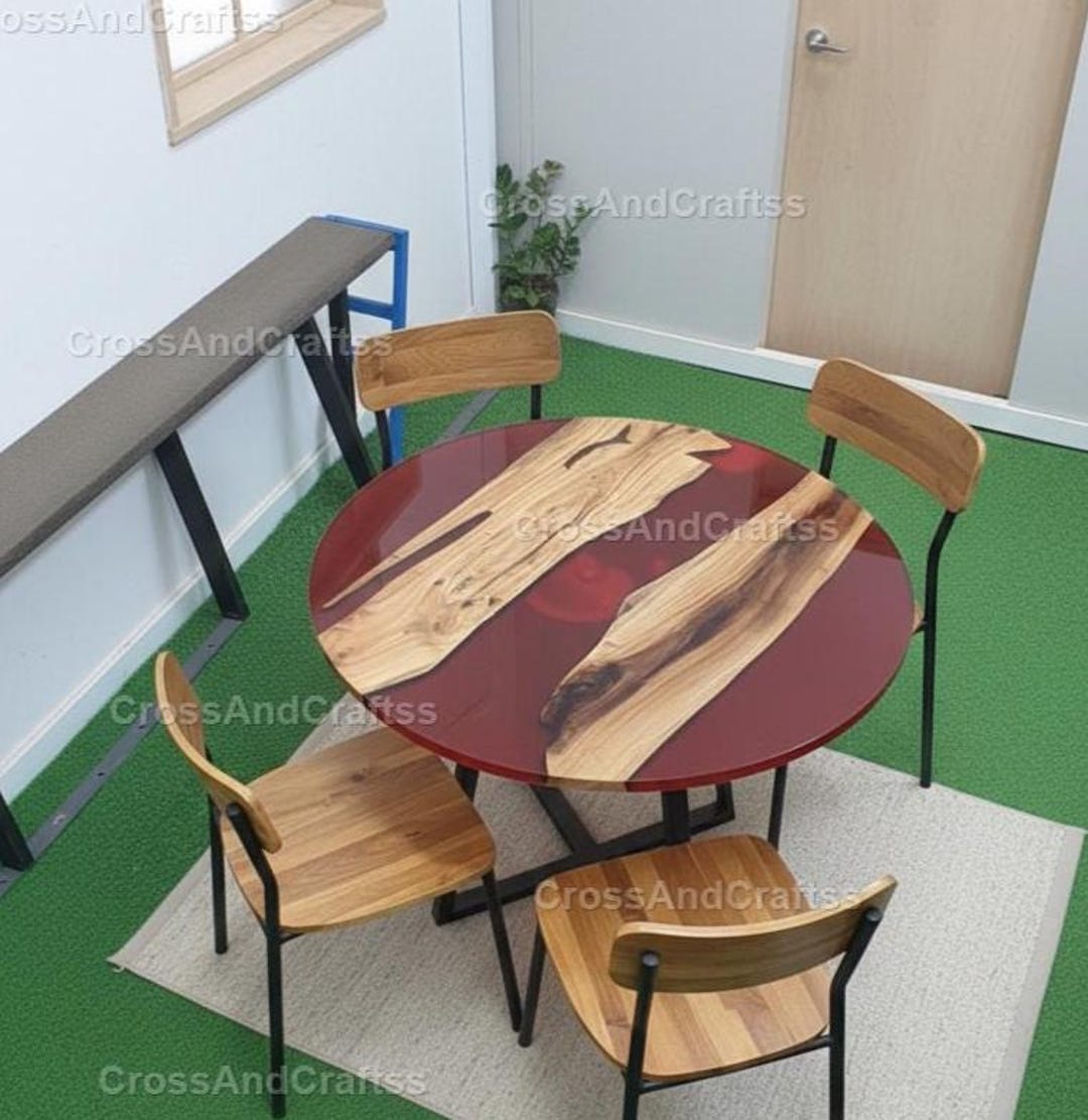 Round Red Epoxy Resin River Table Top | Live Edge Solid Wood | Luxury ...