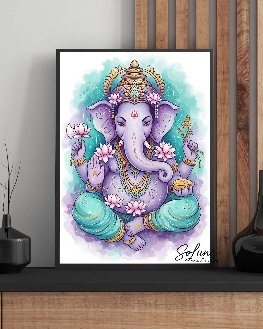 Purple Ganesha Wall Art | Watercolor Hindu Decor | Spiritual Digital ...