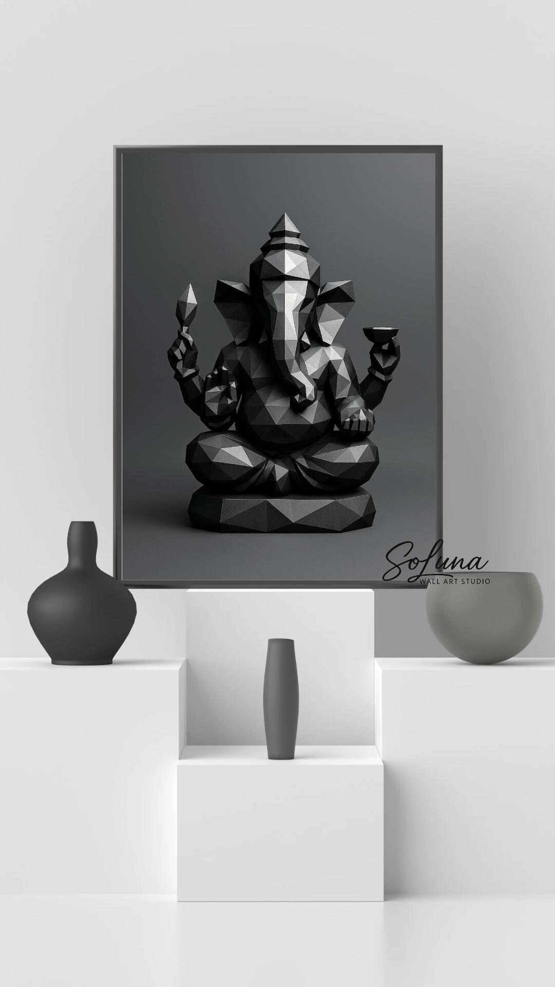 Low Poly Black Ganesha Statue | Modern Geometric Hindu Art | Digital ...