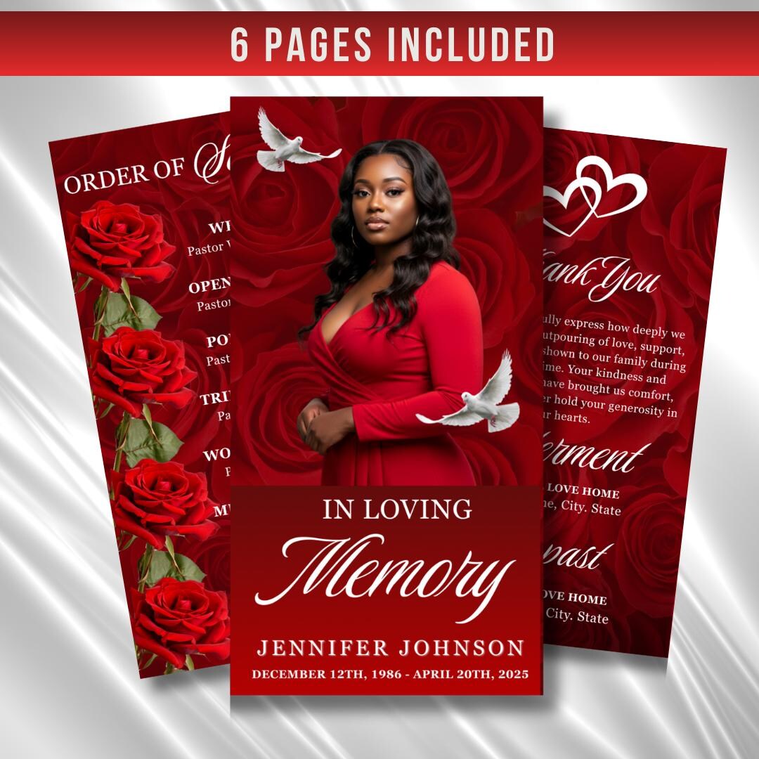 Red Funeral Program Template: Trifold Memorial, Celebration of Life ...