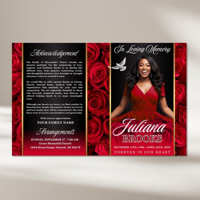 Red Roses Funeral Program Template: Celebration of Life (canva, 8 Pages ...
