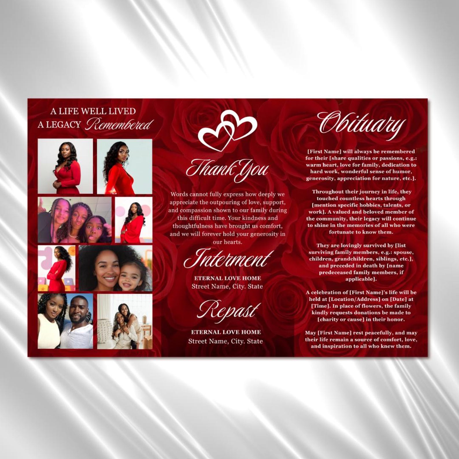 Red Funeral Program Template: Trifold Memorial, Celebration of Life ...