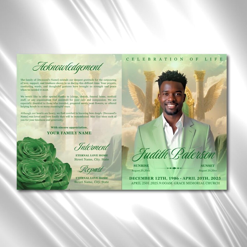 Light Green Clouds Funeral Program Template: 8-page Memorial (canva ...