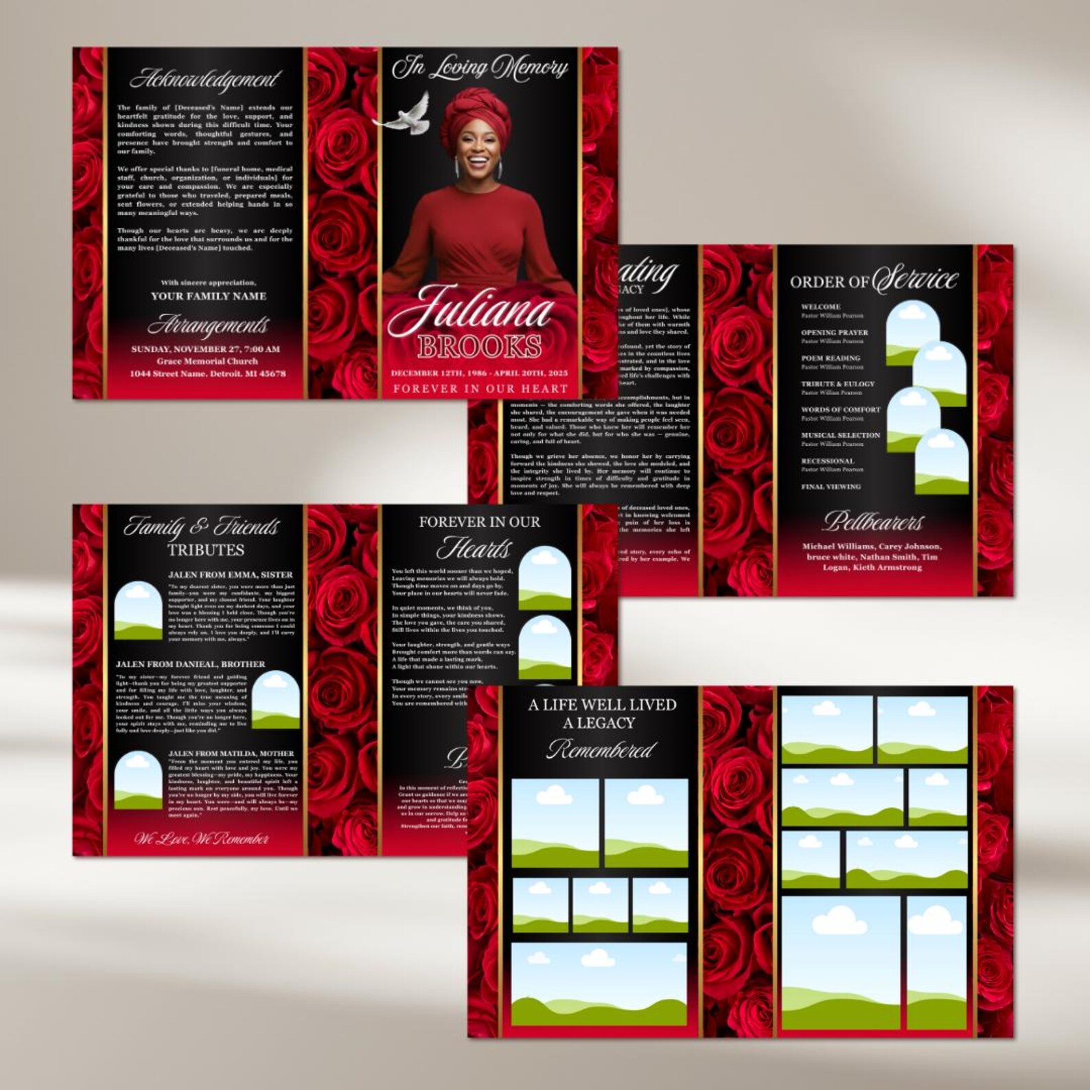 Red Roses Funeral Program Template: Celebration of Life (canva, 8 Pages ...