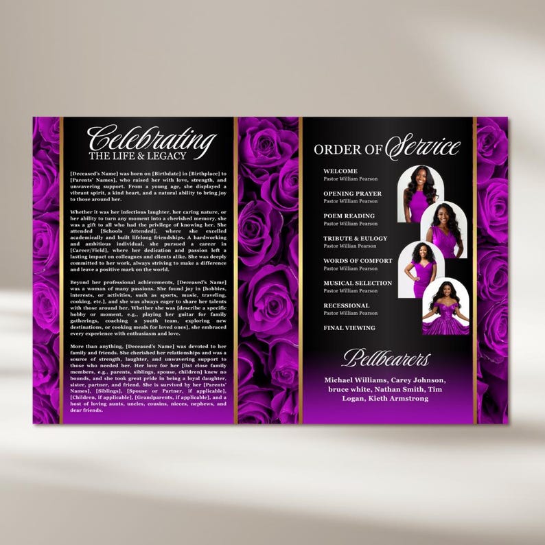 Royal Purple Roses Funeral Program Template: Celebration of Life (canva ...