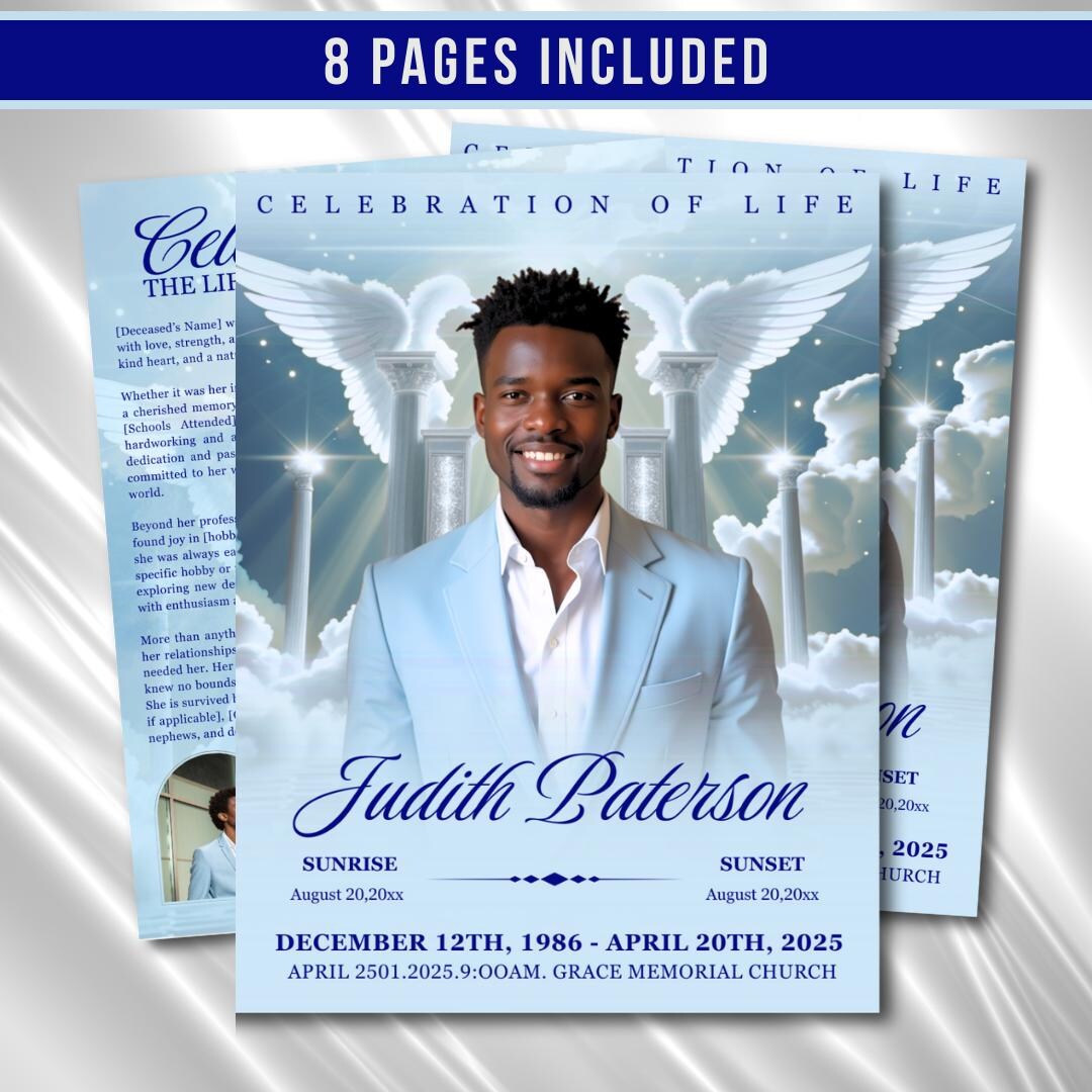 Light Blue Clouds Funeral Program Template: 8-page Memorial (canva ...
