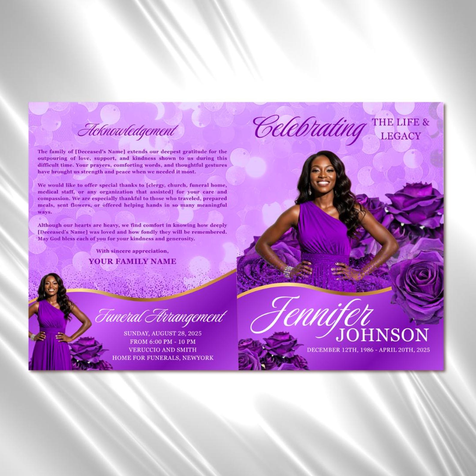 Purple Roses Funeral Program Template: Celebration of Life (canva, 8 ...