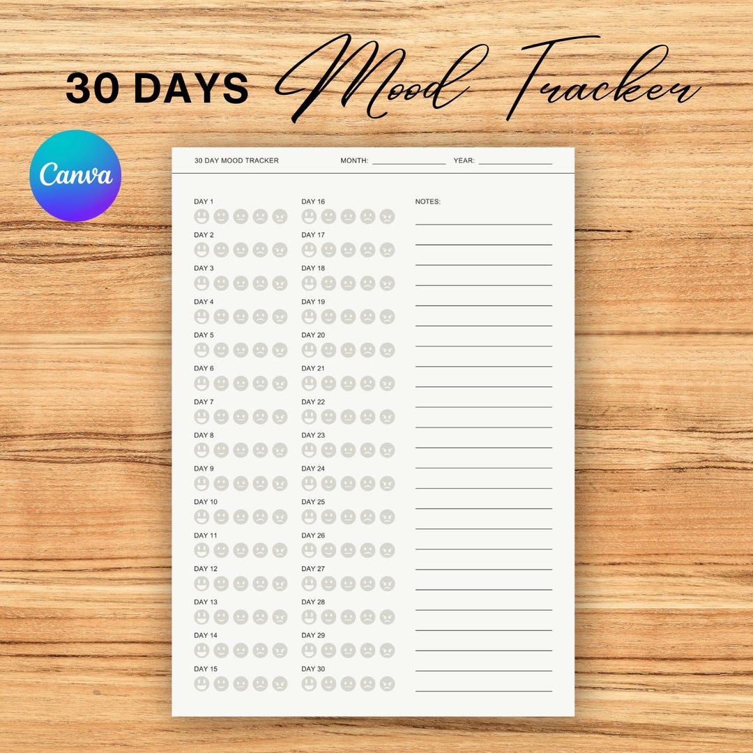 30 Day Mood Tracker Printable | Mental Health Journal (PDF, PNG) - Etsy