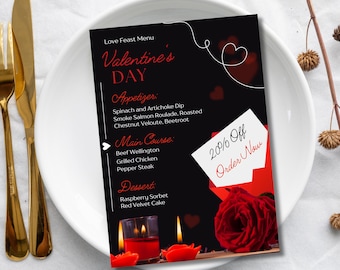 Valentine's Day Menu, Romantic Red Menu , Love Themed Table Editable ...