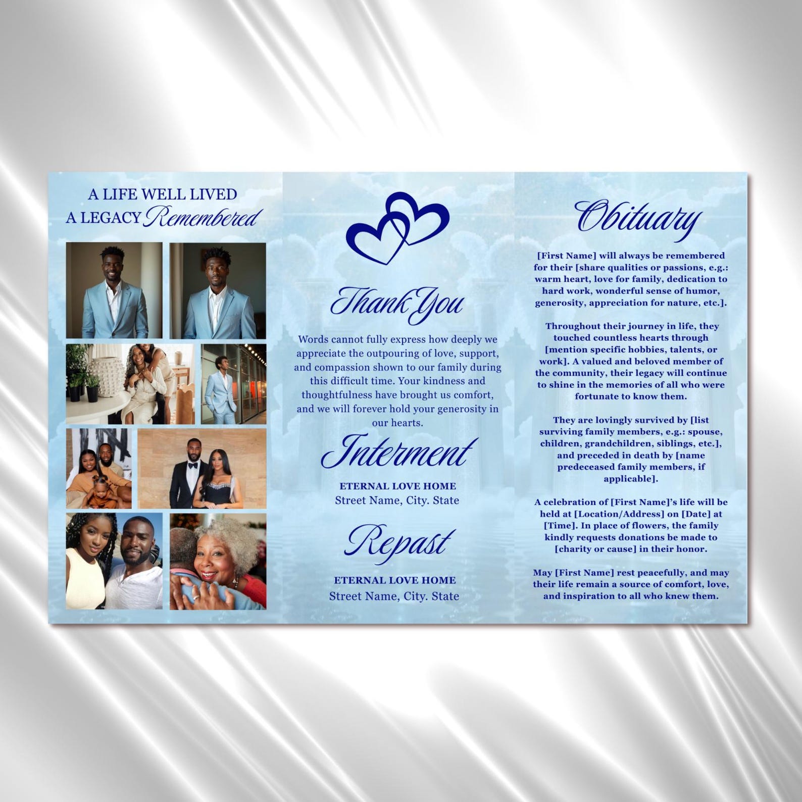 Light Blue Clouds Funeral Program: Trifold Memorial Template (17x11 ...