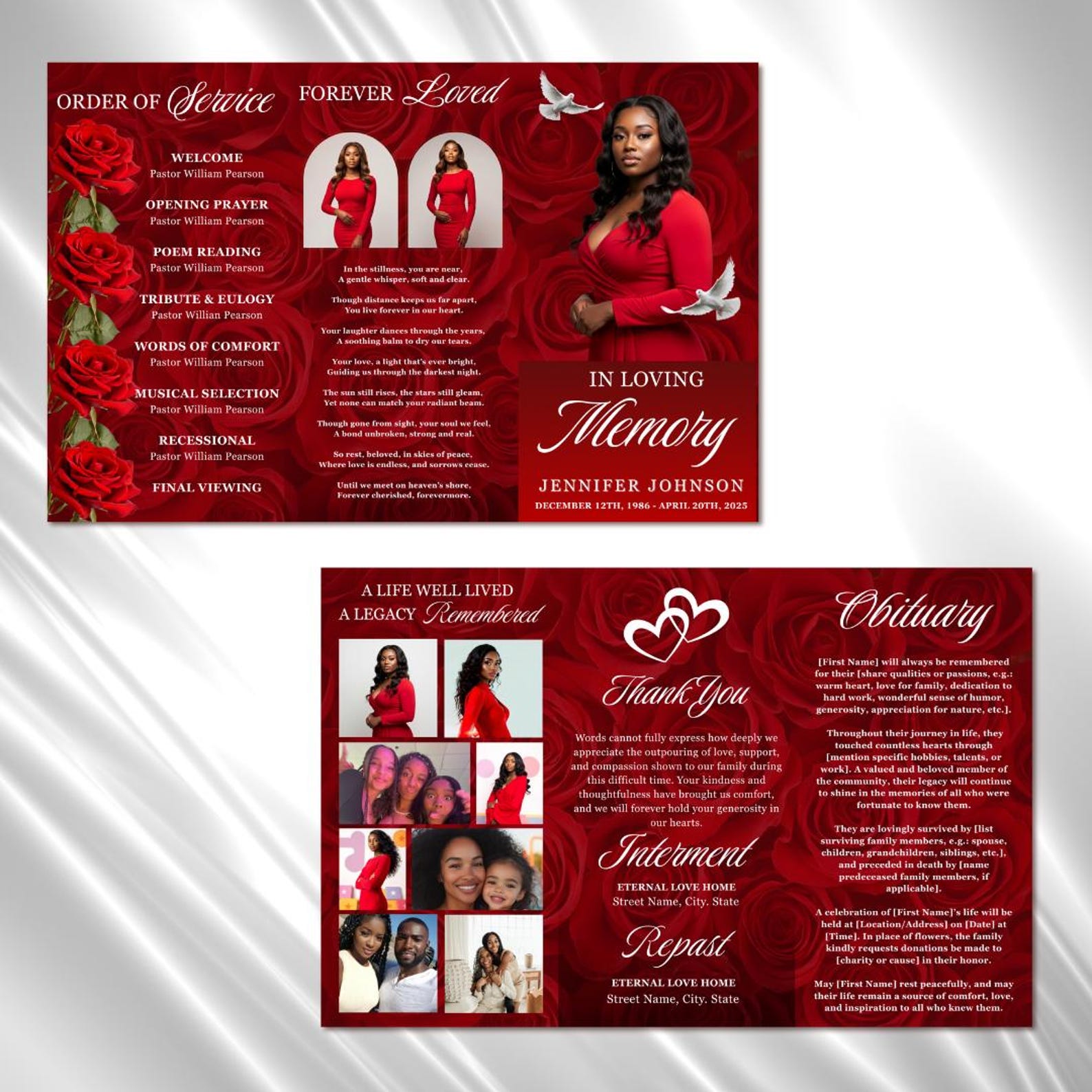 Red Funeral Program Template: Trifold Memorial, Celebration of Life ...