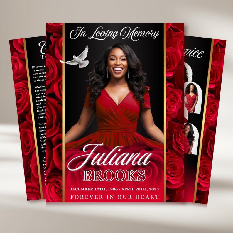 Red Roses Funeral Program Template: Celebration of Life (canva, 8 Pages ...