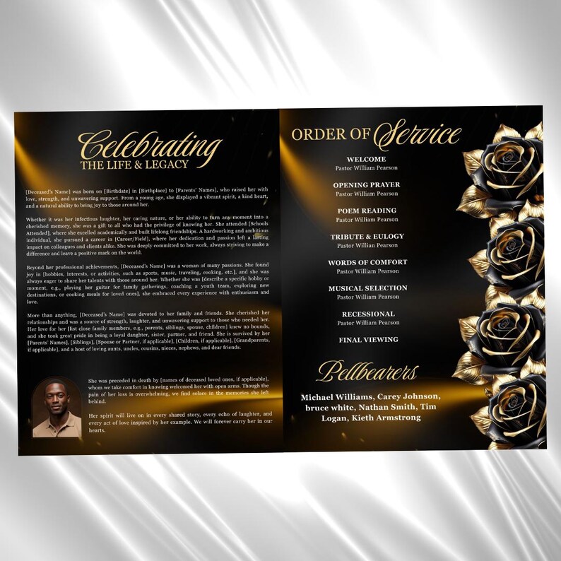 Black & Golden Roses Funeral Program Template: Celebration of Life ...