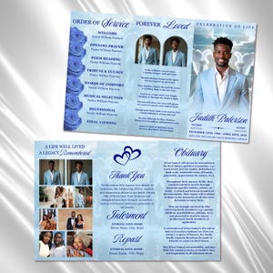Light Blue Clouds Funeral Program: Trifold Memorial Template (17x11 ...