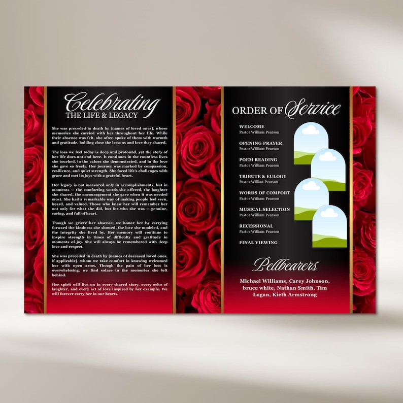 Red Roses Funeral Program Template: Celebration of Life (canva, 8 Pages ...